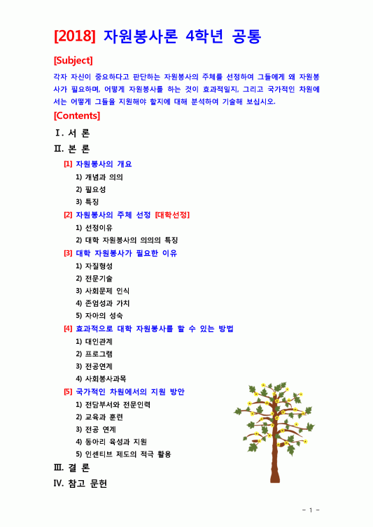 [2018 자원봉사론] 각자 자신이 중요하다고 판단하는 자원봉사의 주체를 선정 왜 자원봉사가 필요하며 어떻게 자원봉사를 하는 것이 효과적일지 [대학선정 인용 및 각주표기완료