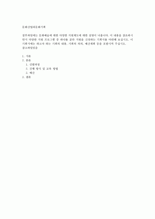 문화산업과문화기획)다양한 지원 프로그램 중 하나를 골라 지원을 신청하는 기획서를 마련해 보십시오 이 기획서에는 하고자 하는 기획의 내용 기획의 의의 예산계획 등을 포함시켜 주십시오