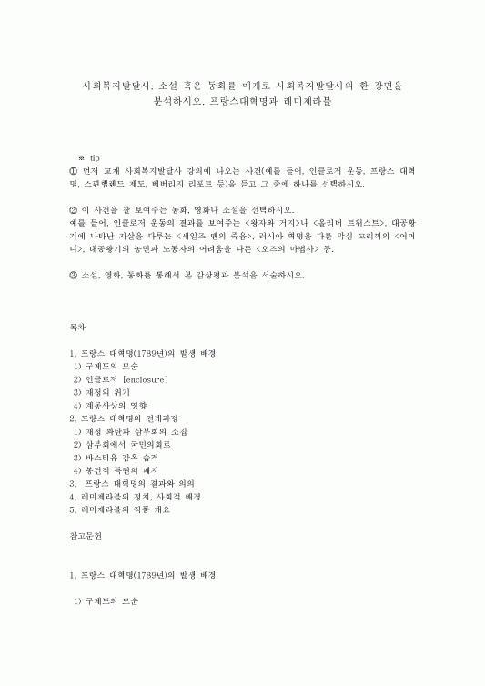 사회복지발달사 소설 혹은 동화를 매개로 사회복지발달사의 한 장면을 분석하시오 프랑스대혁명과 레미제라블