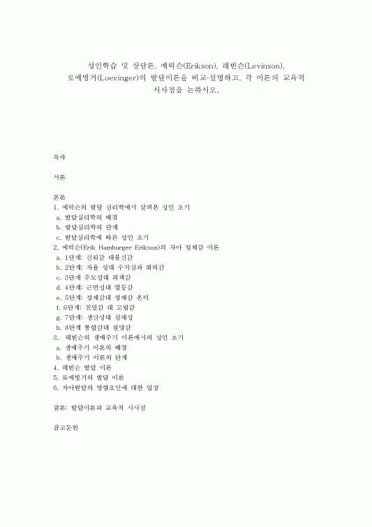 성인학습 및 상담론 에릭슨(Erikson) 레빈슨(Levinson) 로에빙거(Loevinger)의 발달이론을 비교·설명하고 각 이론의 교육적 시사점을 논하시오