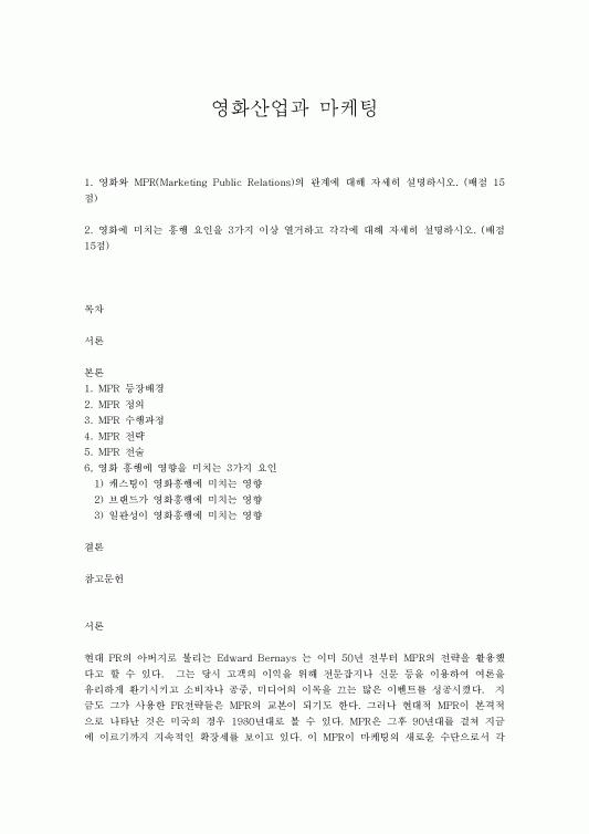 영화산업과 마케팅 MPR 영화 흥행 요인
