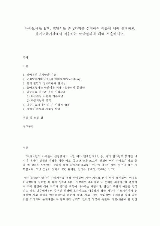 유아교육론 B형 발달이론 중 2가지를 선정하여 이론에 대해 설명하고(인터뷰)