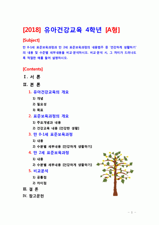 [2018 유아건강교육4A] 만 0-1세 표준보육과정 만 2세 표준보육과정의 건강하게 생활하기의 내용 및 수준별 세부내용 비교&903;분석 [인용 출처표기완료]