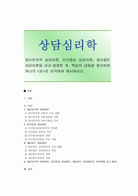 [상담심리학] 정신분석적 상담이론 인간중심 상담이론 게슈탈트 상담이론을 비교·설명한 후 핵심적 내용을 정리하여 하나의 표로 요약하여 제시하시오 2018년 상담심리학 과제물