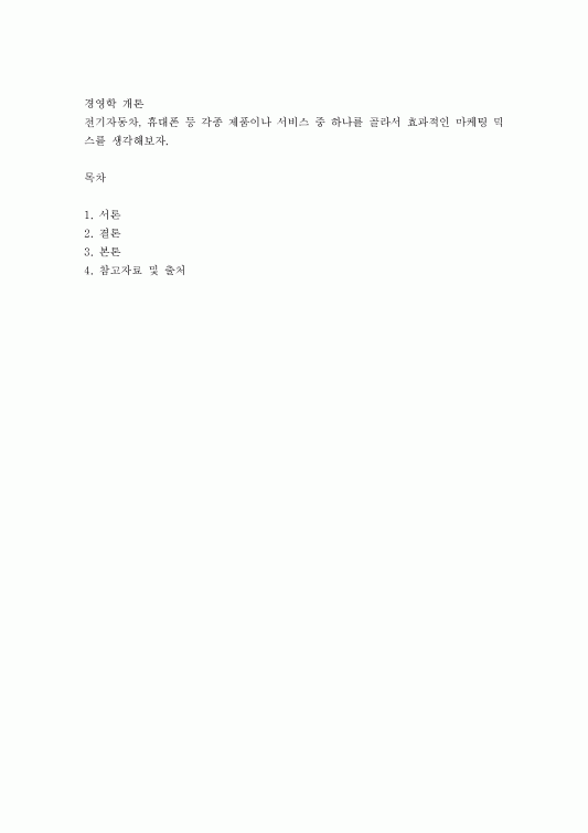 경영학개론)전기자동차 휴대폰 등 각종 제품이나 서비스 중 하나를 골라서 효과적인 마케팅 믹스를 생각해보자