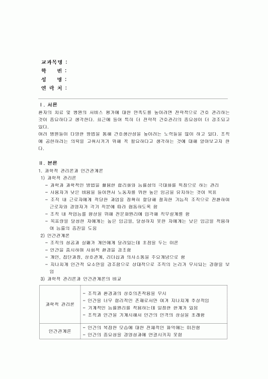 방통대간호학과 4학년 1학기 전략적간호관리 과제물