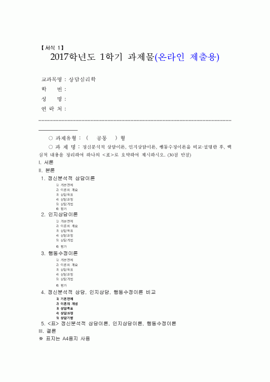 상담심리학정신분석적 상담이론 인지상담이론 행동수정이론을 비교·설명한 후 핵심적 내용을 정리하여 하나의 <표>로 요약하여 제시하시오