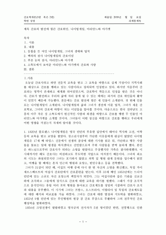 간호의 발전에 힘쓴 간호위인