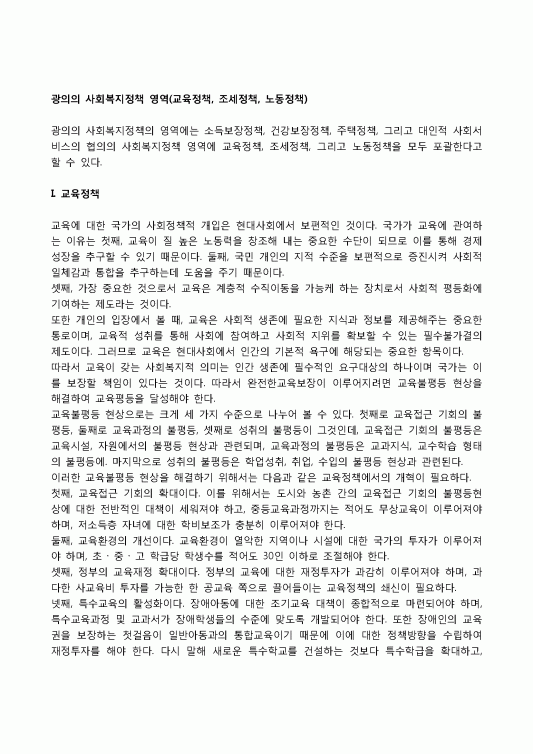 광의의 사회복지정책 영역(교육정책 조세정책 노동정책)