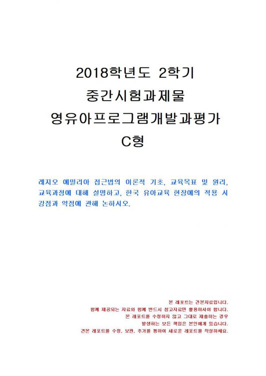 2018년 2학기 영유아프로그램개발과평가 중간시험과제물 C형(레지오 에밀리아 접근법)