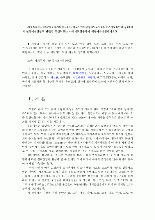 사회복지조사론3공통) 자신의관심분야(아동노인여성장애노동고용의료주거교육인권 등)에서의 현안이슈선정후 관련된 공신력있는 사회지표인용하여 해당이슈비평하시오0k