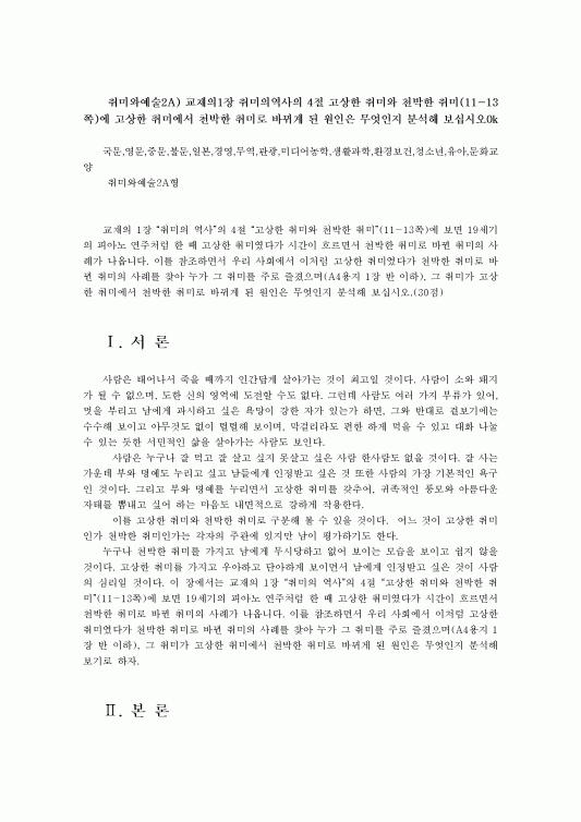 취미와예술2A) 교재의1장 취미의역사의 4절 고상한 취미와 천박한 취미(11-13쪽)에 고상한 취미에서 천박한 취미로 바뀌게 된 원인은 무엇인지 분석해 보십시오0k