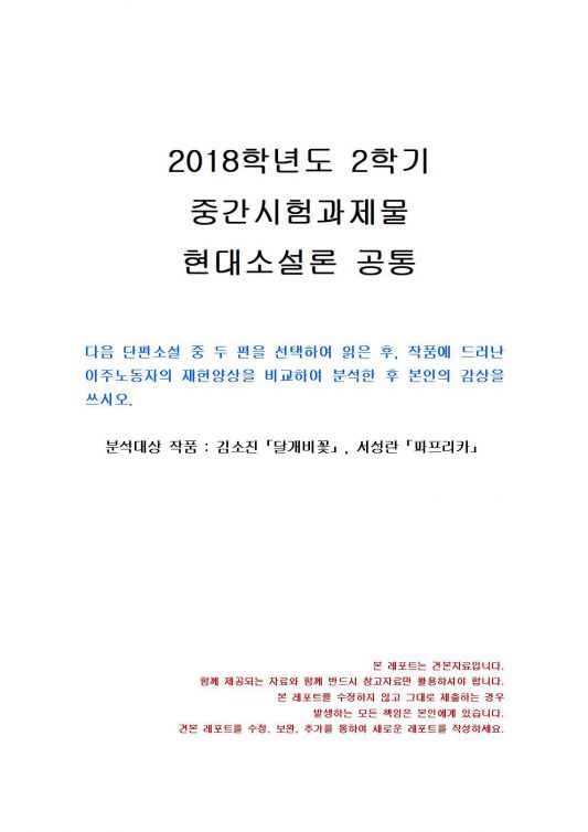 2018년 2학기 현대소설론 중간시험과제물 공통(이주노동자의 재현양상을 비교하여 분석)