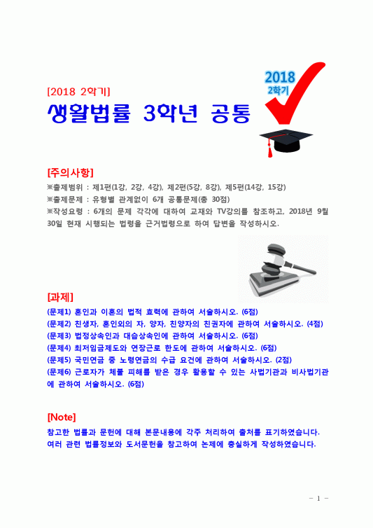 [2018 생활법률] 1)혼인과 이혼의 법적효력 2)친권자 3)법정상속인과 대습상속인 4)최저임금제도와 연장근로 5)노령연금의 수급요건 6)근로자의 체불피해