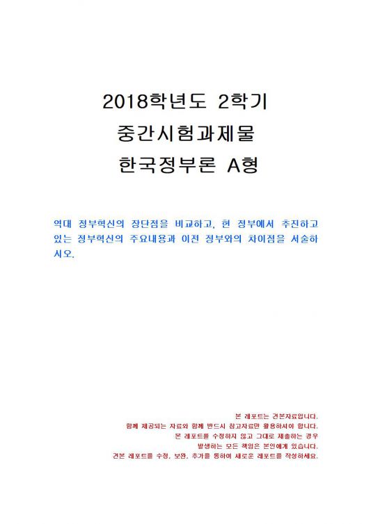 2018년 2학기 한국정부론 중간시험과제물 A형(역대 정부혁신의 장단점을 비교)