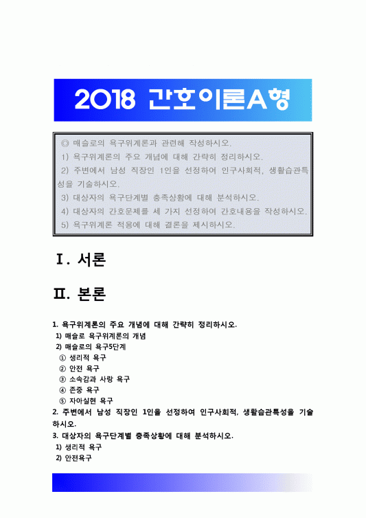 간호이론A형] 매슬로의 욕구위계론 1)욕구위계론의 주요개념 2)주변 남성 직장인 3)대상자 욕구단계별 충족상황 4)대상자의 간호문제 세가지 선정 간호내용 5) 욕구위계론 적용 결론