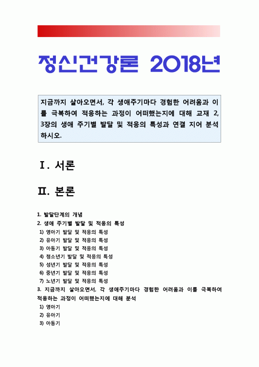 방송대 정신건강론] 지금까지 살아오면서 각 생애주기마다 경험한 어려움과 이를 극복하여 적응하는 과정이 어떠했는지 교재 2 3장의 생애 주기별 발달 및 적응 특성과 연결지어 분석