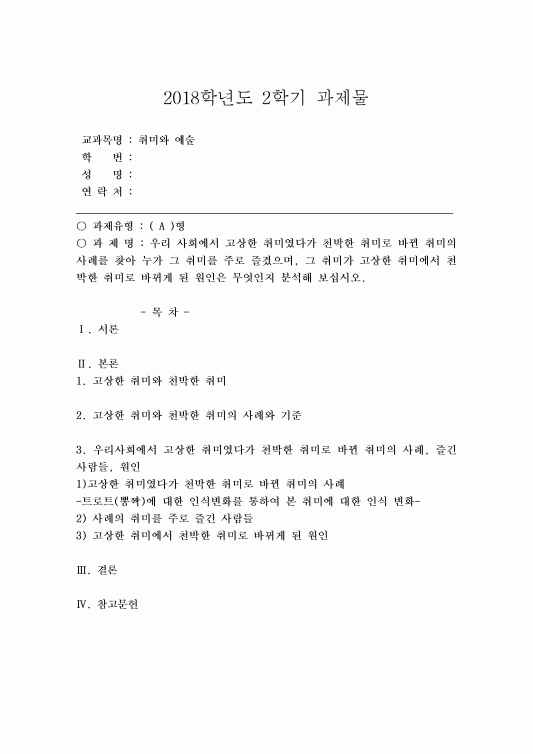 (취미와 예술 A형) 우리 사회에서 고상한 취미였다가 천박한 취미로 바뀐 취미의 사례를 찾아 누가 그 취미를 주로 즐겼으며 그 취미가 고상한 취미에서 천박한 취미로 바뀌게 된 원
