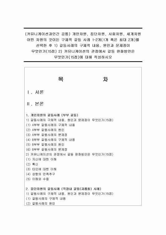(커뮤니케이션과인간 공통) 개인차원 집단차원 사회차원 세계차원 어떤 차원의 것이든 구체적 갈등 사례 1-2개(1개 혹은 최대 2개)를 선택한 후 1) 갈등사례의 구체적 내용