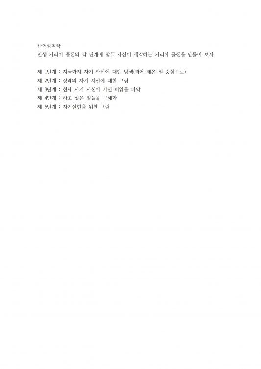 산업심리학)인생 커리어 플랜의 각 단계에 맞춰 자신이 생각하는 커리어 플랜을 만들어 보자