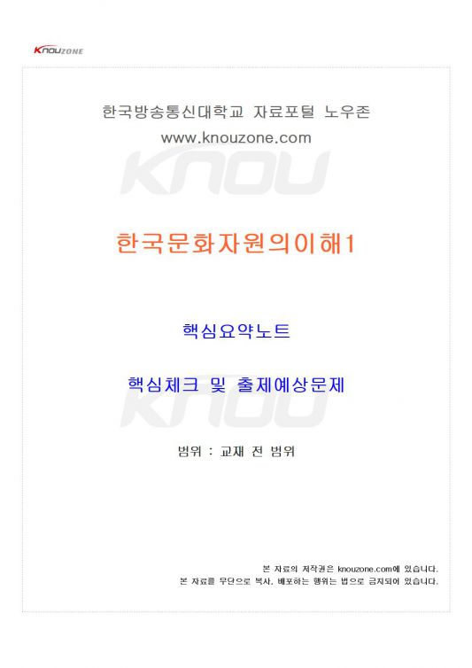 2018년 2학기 한국문화자원의이해1 교재전범위 핵심요약노트