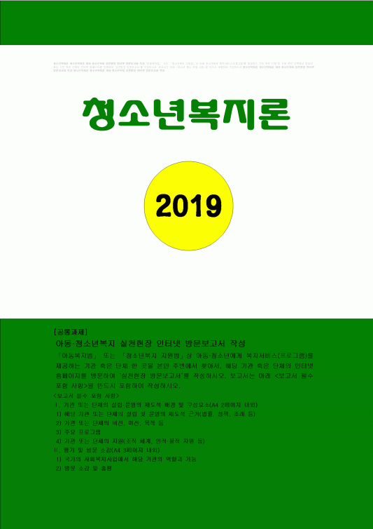 청소년복지론 2019)아동·청소년복지 실천현장 인터넷 방문보고서 작성 청소년복지론 중간과제물 레포트 해당 기관 혹은 단체의 인터넷 홈페이지를 방문하여 실천현장 방문보고서를 작성