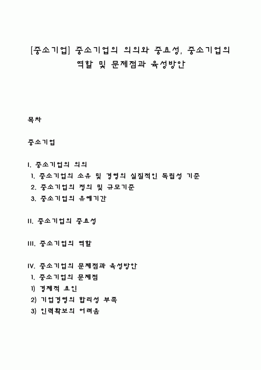 [중소기업] 중소기업의 의의와 중요성 중소기업의 역할 및 문제점과 육성방안