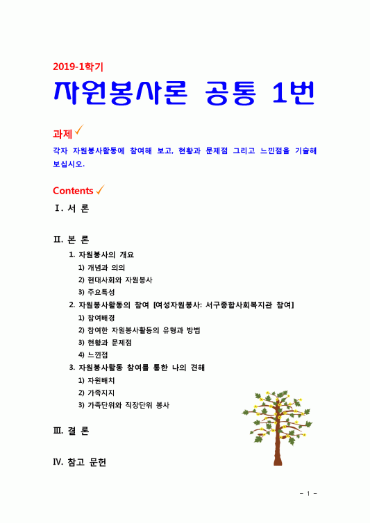 [2019 자원봉사론][여성자원봉사] 각자 자원봉사활동에 참여해 보고 현황과 문제점 그리고 느낀점을 기술해 보십시오