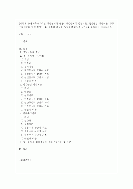 [상담심리학 공통] 정신분석적 상담이론 인간중심 상담이론 행동수정이론을 비교·설명한 후 핵심적 내용을 정리하여 하나의 표로 요약하여 제시하시오
