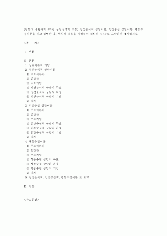 [상담심리학 공통] 정신분석적 상담이론 인간중심 상담이론 행동수정이론을 비교·설명한 후 핵심적 내용을 정리하여 하나의 표로 요약하여 제시하시오