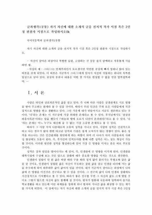 글과생각1공통) 자기 자신에 대한 소개의 글을 전지적 작가 시점 혹은 3인칭 관찰자 시점으로 작성하시오0k