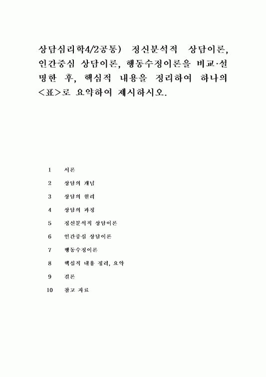 상담심리학42공통) 정신분석적 상담이론 인간중심 상담이론 행동수정이론을 비교·설명한 후 핵심적 내용을 정리하여 하나의 <표>로 요약하여 제시하시오