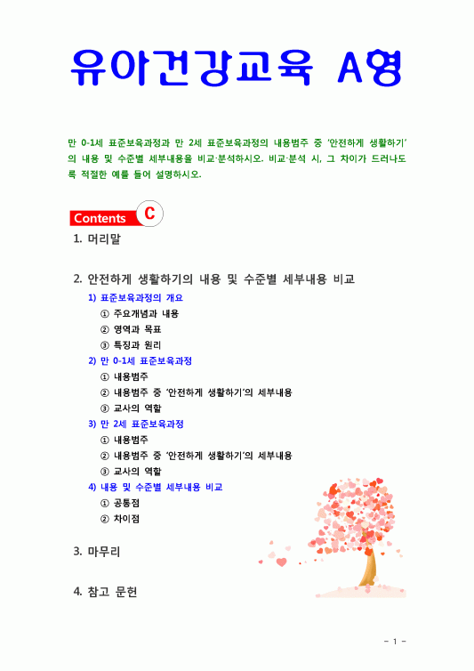[2019 유아건강교육4A] 만 0-1세 표준보육과정과 만 2세 표준보육과정의 내용범주 중 ‘안전하게 생활하기’의 내용 및 수준별 세부내용을 비교·분석하시오 비교·분석 시 그
