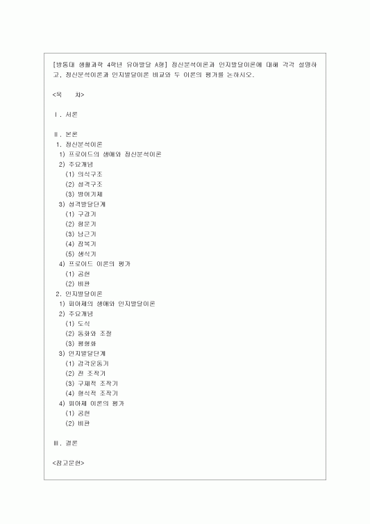 [유아발달 A형] 정신분석이론과 인지발달이론에 대해 각각 설명하고 정신분석이론과 인지발달이론 비교와 두 이론의 평가를 논하시오