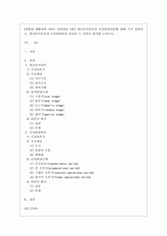 [유아발달 A형] 정신분석이론과 인지발달이론에 대해 각각 설명하고 정신분석이론과 인지발달이론 비교와 두 이론의 평가를 논하시오