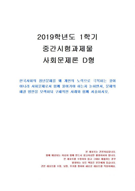 2019년 1학기 사회문제론 중간시험과제물 D형(한국사회의 청년문제)
