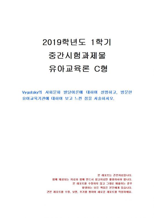 2019년 1학기 유아교육론 중간시험과제물 C형(Vygotsky의 사회문화 발달이론)