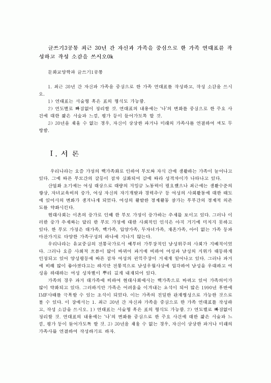글쓰기3공통 최근 30년 간 자신과 가족을 중심으로 한 가족 연대표를 작성하고 작성 소감을 쓰시오0k