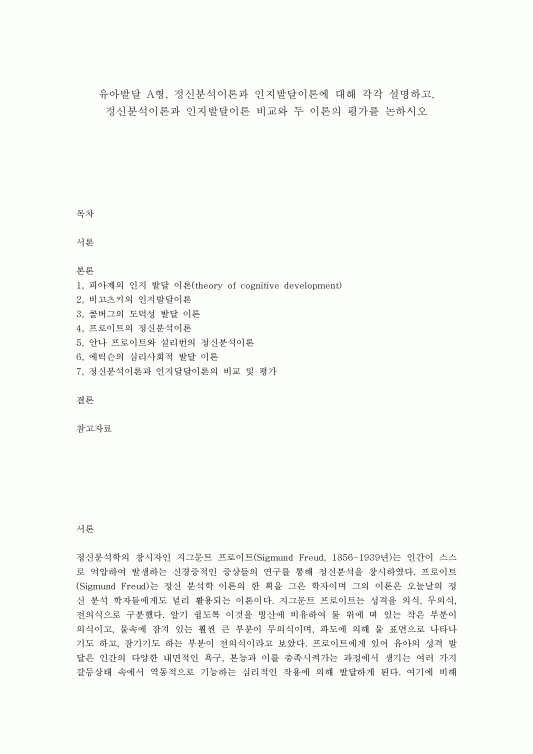 유아발달 A형 정신분석이론과 인지발달이론에 대해 각각 설명하고  정신분석이론과 인지발달이론 비교와 두 이론의 평가를 논하시오