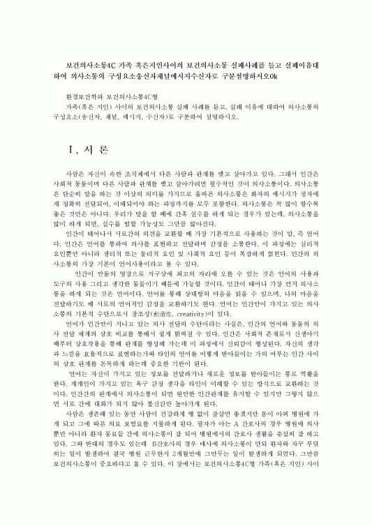보건의사소통4C 가족 혹은지인사이의 보건의사소통 실패사례를 들고 실패이유대하여 의사소통의 구성요소송신자채널메시지수신자로 구분설명하시오0k