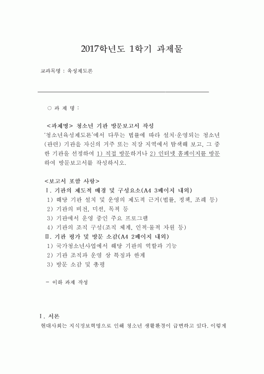 육성제도론 과제물  청소년 기관 방문보고서 작성