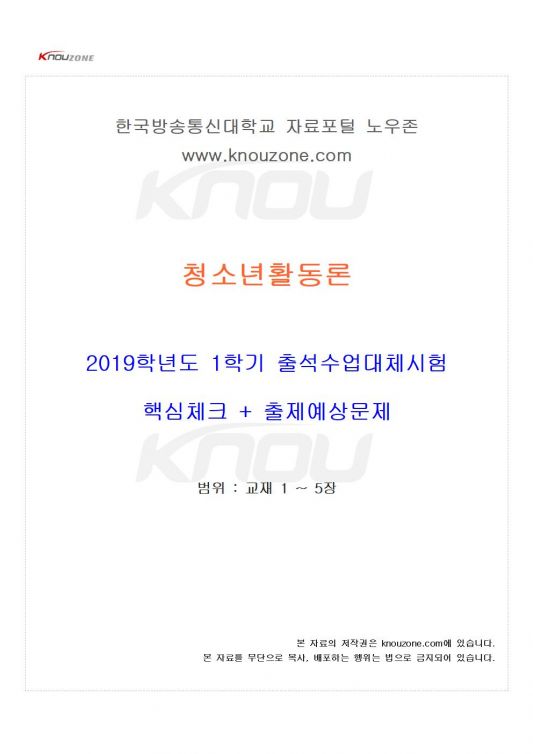 2019년 1학기 청소년활동론 출석수업대체시험 핵심체크