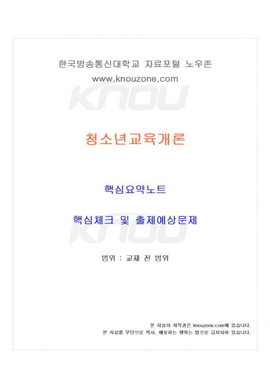 2019년 1학기 청소년교육개론 교재전범위 핵심요약노트