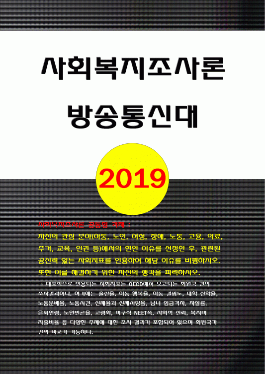 사회복지조사론 2019]자신의 관심 분야에서의 현안 이슈를 선정한 후 관련된 공신력 있는 사회지표를 인용하여 해당 이슈를 비평하시오-방송통신대 사회복지조사론 공통 사회복지조사론