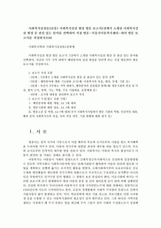 사회복지실천론3공통) 사회복지실천 현장 방문 보고서5강에서 소개된 사회복지실천 현장 중 관심 있는 분야를 선택하여 직접 방문-서울시아동복지센타-하여 방문 보고서를 작성하시오00