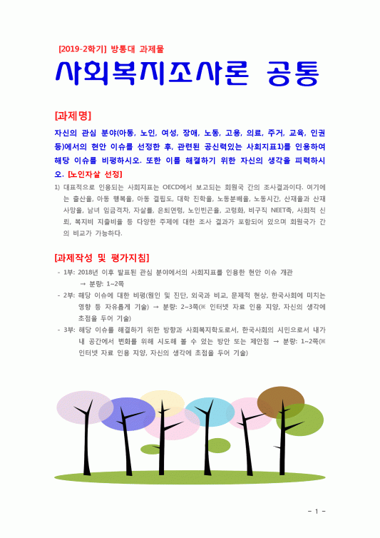 [2019 사회복지조사론][노인자살] 자신의 관심 분야(아동 노인 여성 장애 노동 고용 의료 주거 교육 인권 등)에서의 현안 이슈를 선정한 후 관련된 공신력있는 사회지표1)를 인용하여 해당 이슈를 비평하시오. 또한 이를 해결하기 위한 자신의 생각을 피력하시오. [노인자살 선정]