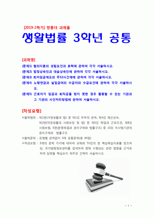 [2019 생활법률] (문제1)협의이혼의 성립요건과 효력 (문제2)법정상속인과 대습상속인 (문제3)최저임금제도와 주52시간제 (문제4)노령연금과 실업급여의 수급자와 수급요건에 관하여 각각 서술하시오. (문제5) 근로자가 임금과 퇴직금을 받지 못한 경우 활용할 수 있는 기관과 그 기관의 사건처리방법에 관하여 서술하시오.