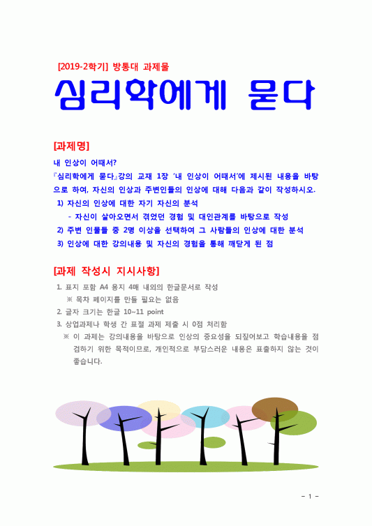 [2019 심리학에게 묻다] 『심리학에게 묻다』강의 교재 1장 ‘내 인상이 어때서’에 제시된 내용을 바탕으로 하여 자신의 인상과 주변인들의 인상에 대해 다음과 같이 작성하시오