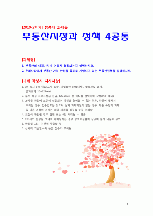 [2019 부동산시장과정책 4공통] 1부동산의 내재가치가 어떻게 결정되는지 설명하시오 2우리나라에서 부동산 가격 안정을 목표로 시행되고 있는 부동산정책을 설명하시오