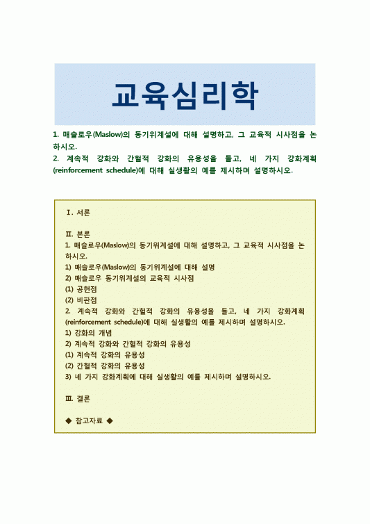 [교육심리학] 1 매슬로우(Maslow)의 동기위계설에 대해 설명 교육적 시사점 2 계속적 강화와 간헐적 강화의 유용성 네 가지 강화계획에 대해 실생활의 예